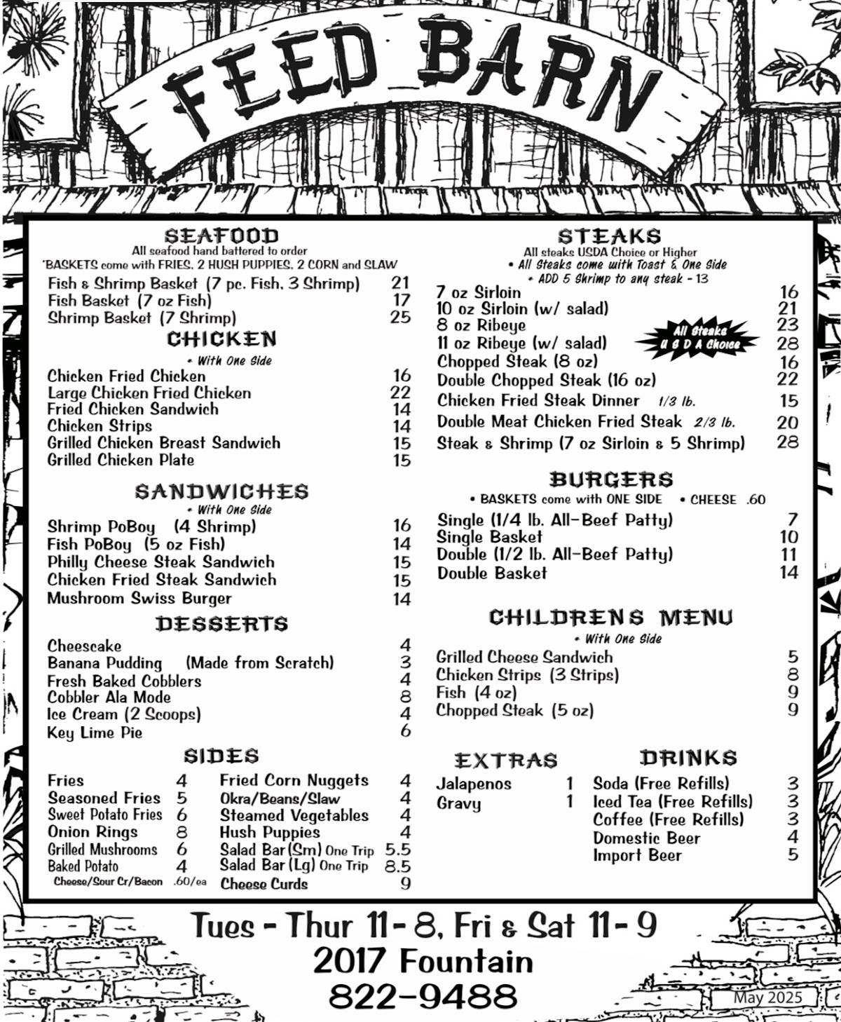 Menu at The Feed Barn, Bryan