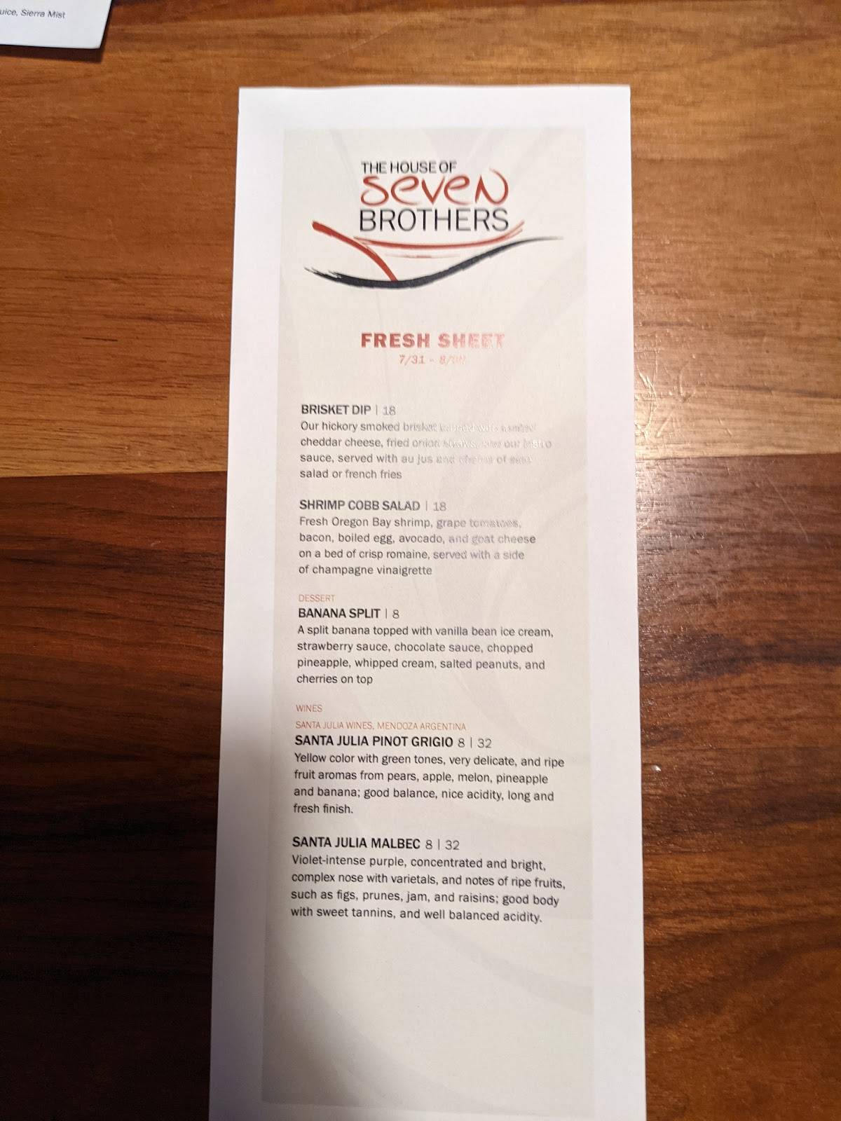 Menu at The House of Seven Brothers restaurant, Sequim