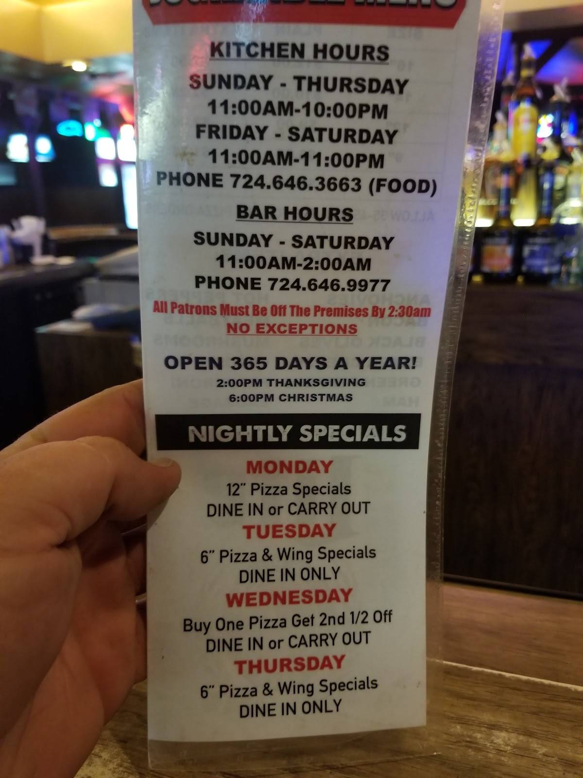 Menu at The Jug Handle restaurant, Transfer