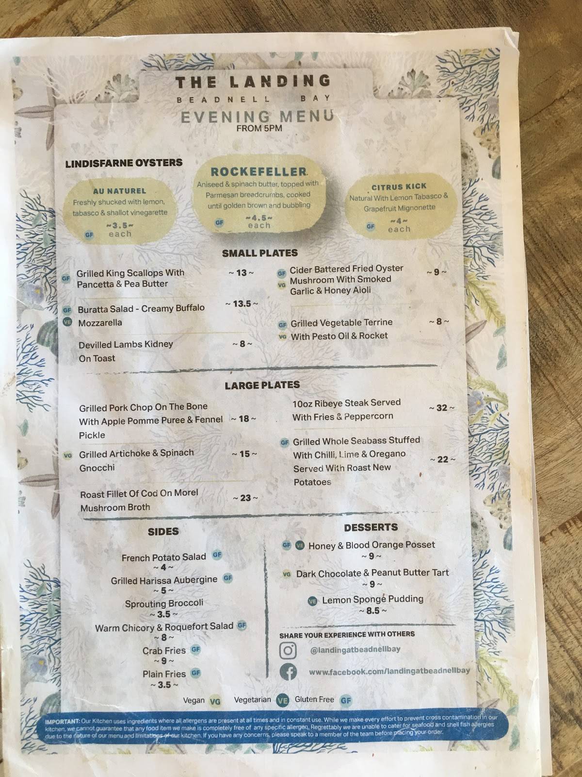 Menu at The Landing, Beadnell Bay pub & bar, Beadnell