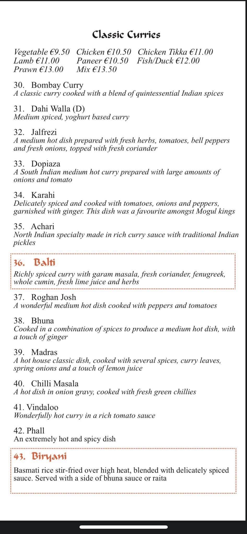 Menu at The Mogul Emperor restaurant, Limerick