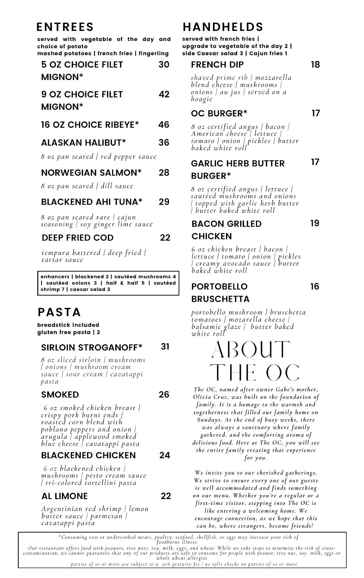 Menu at The OC restaurant, Green Bay
