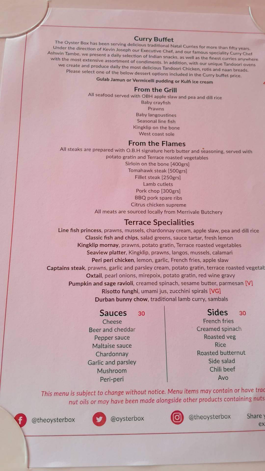 Menu at The Ocean Terrace restaurant, Umhlanga