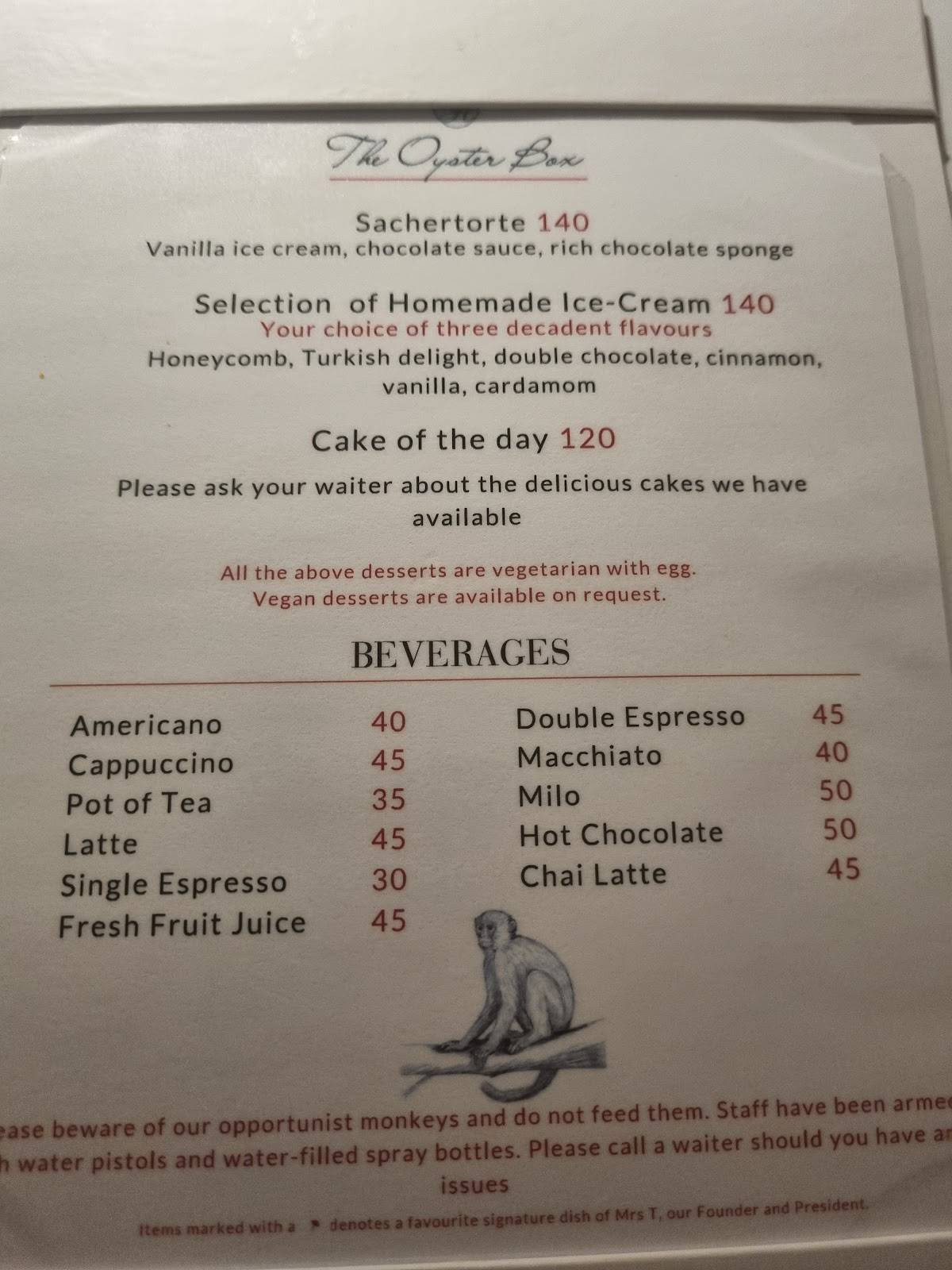Menu at The Ocean Terrace restaurant, Umhlanga