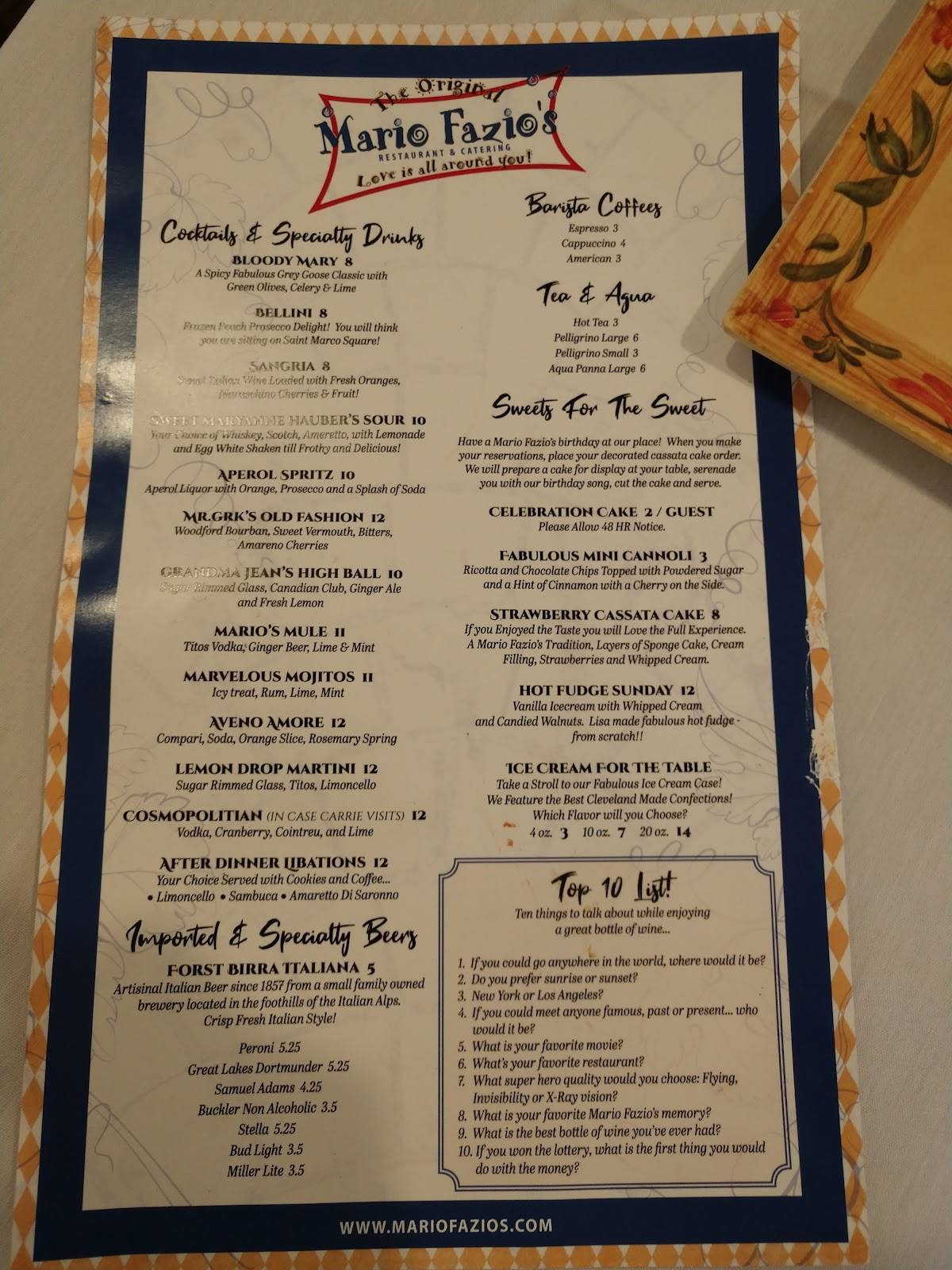 Menu at The Original Mario Fazio’s restaurant, Willoughby Hills