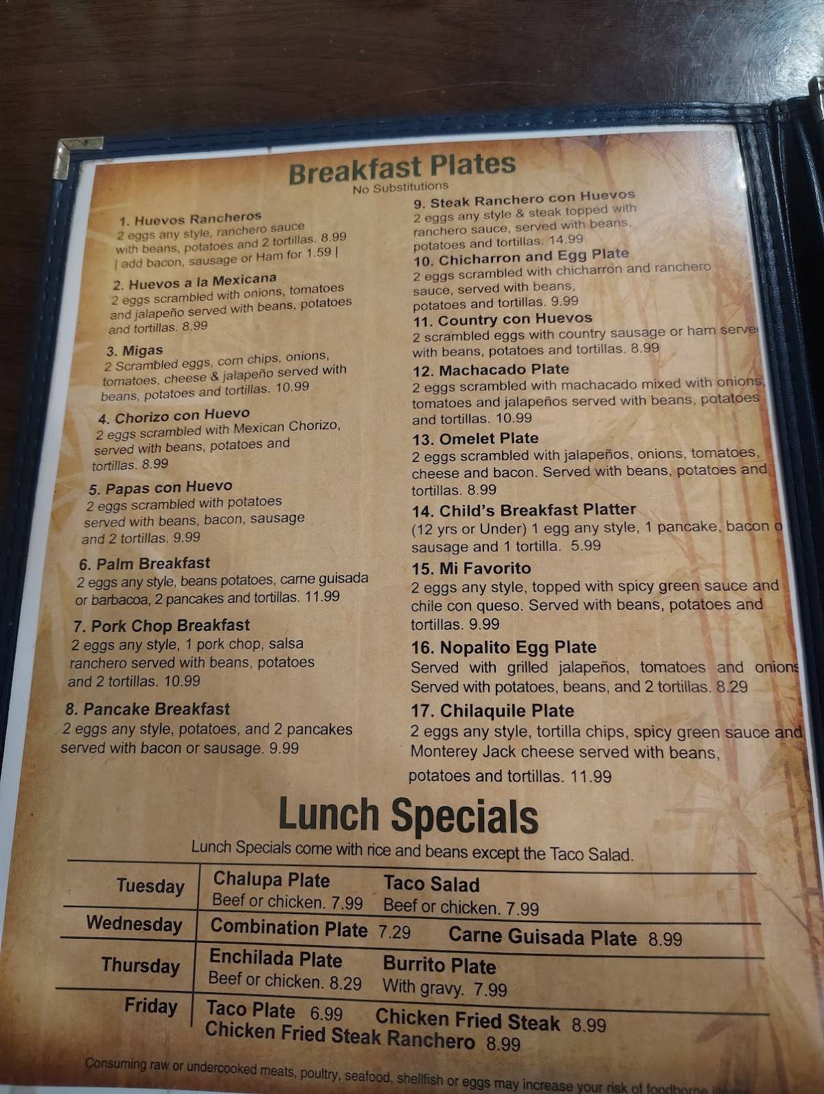 Menu at The Palm Cafe 2, San Marcos