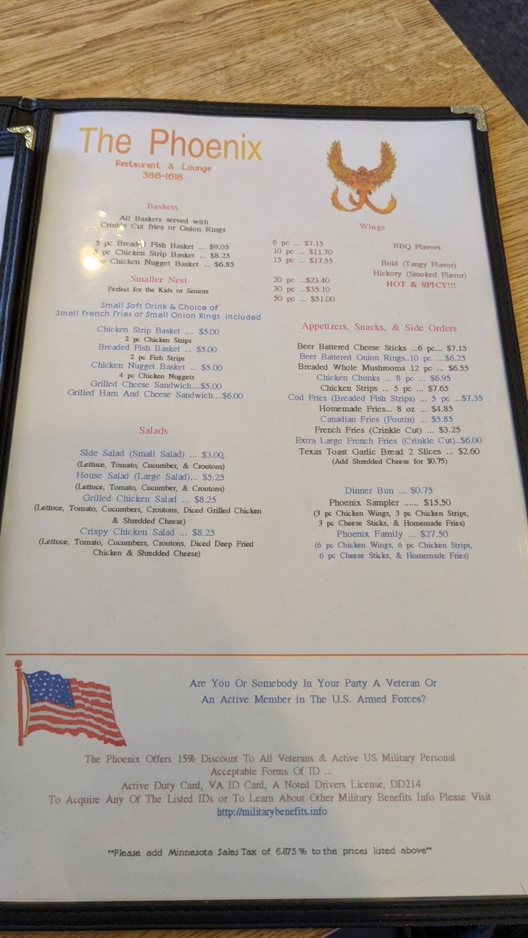 Menu at The Phoenix restaurant, Warroad
