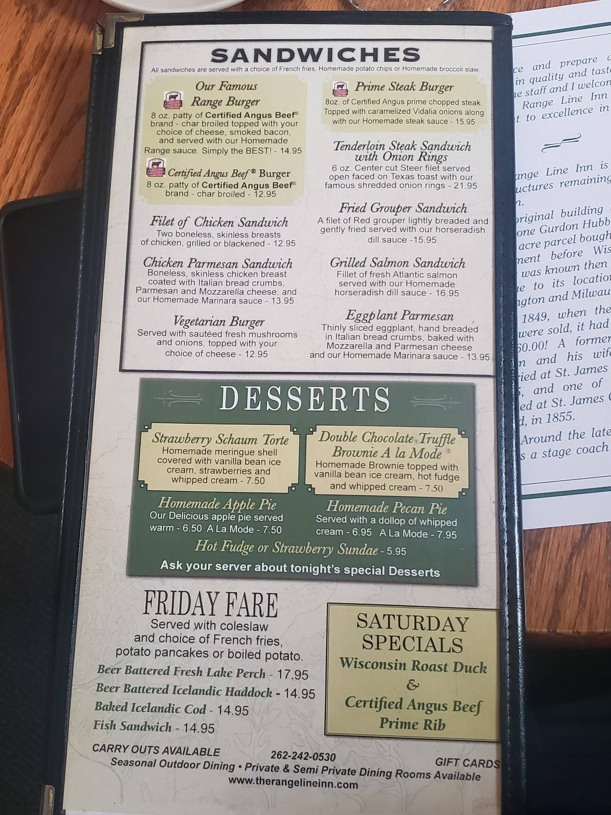 Menu at The Range Line Inn restaurant, Mequon