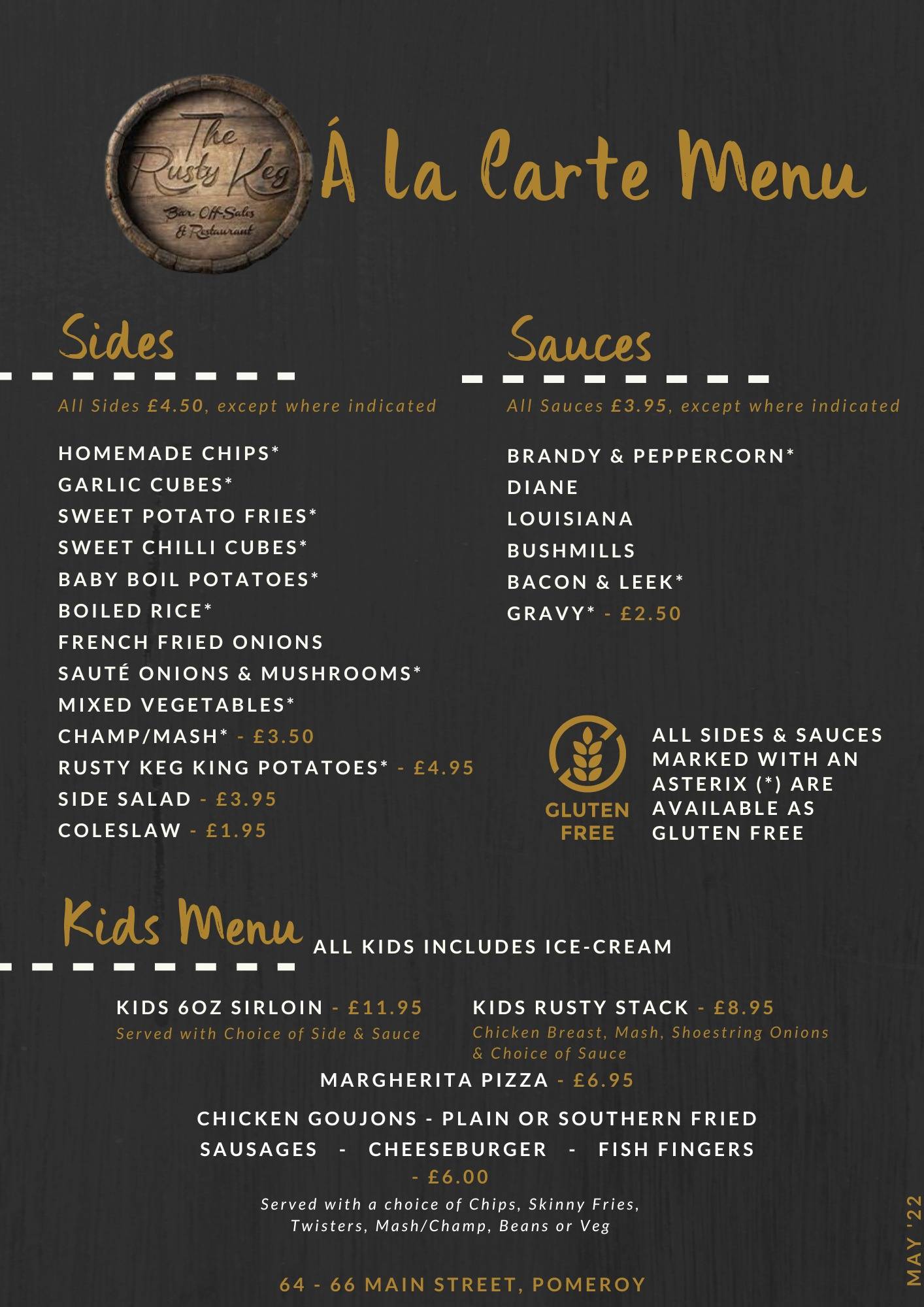 Menu at The Rusty Keg restaurant, Pomeroy