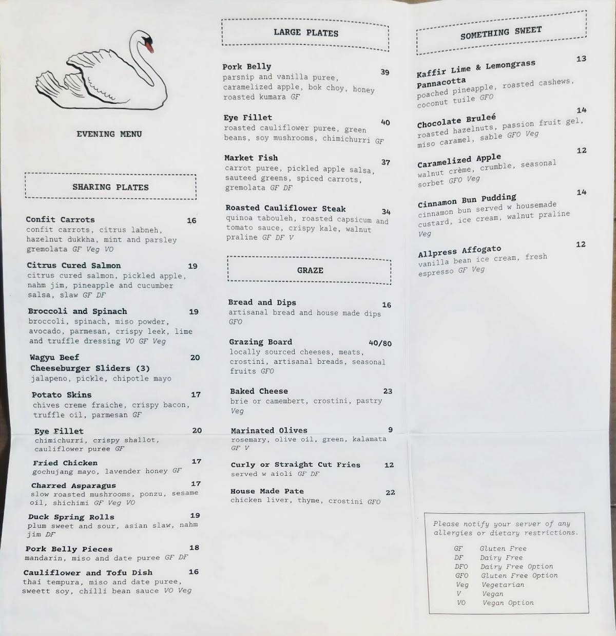 Menu at The Swan restaurant, Dunedin