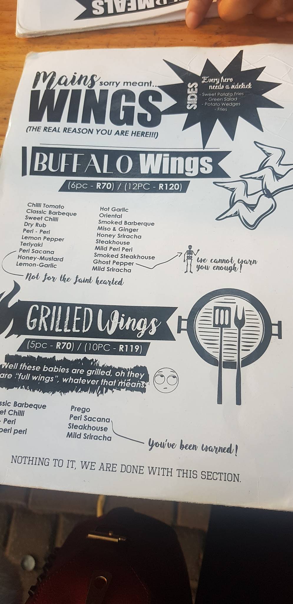 Menu at The Wing Republic, Johannesburg, 6 De Beer St
