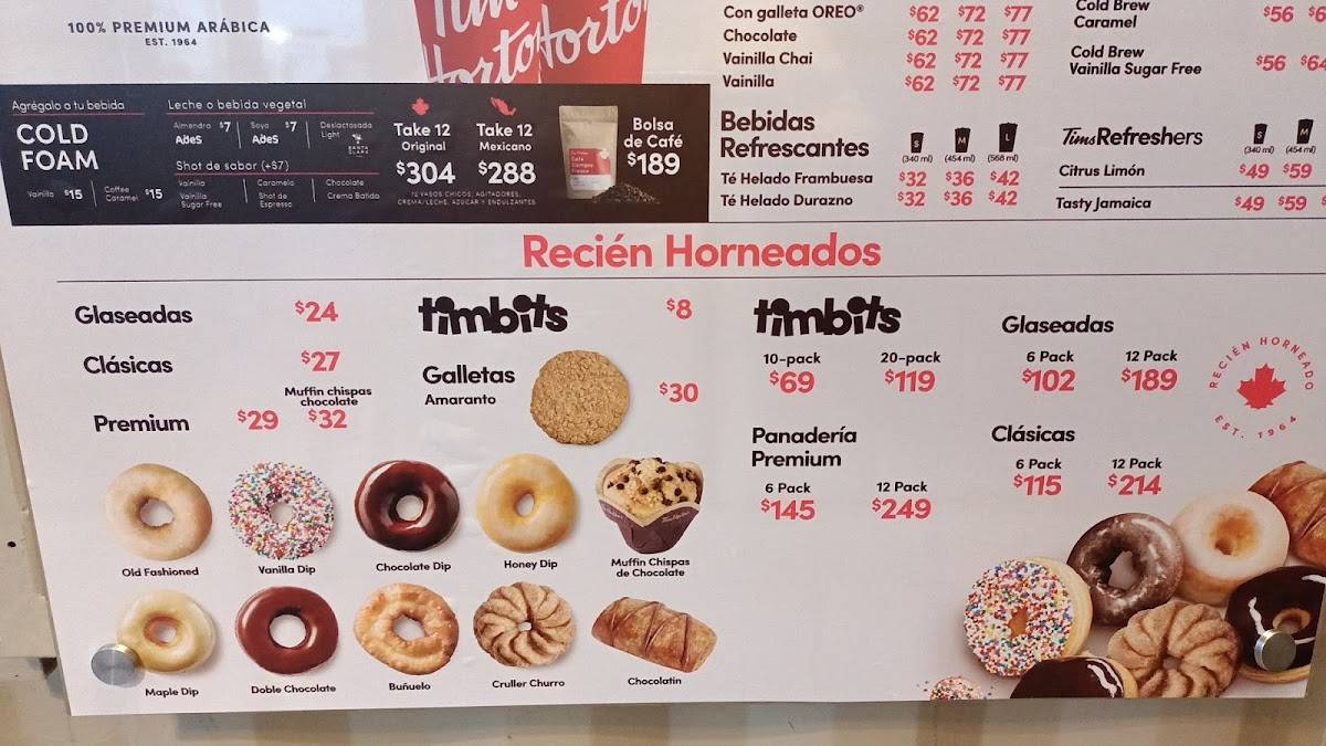 Menu at Tim Hortons Petrocentro 1 Oriente cafe, Mexico