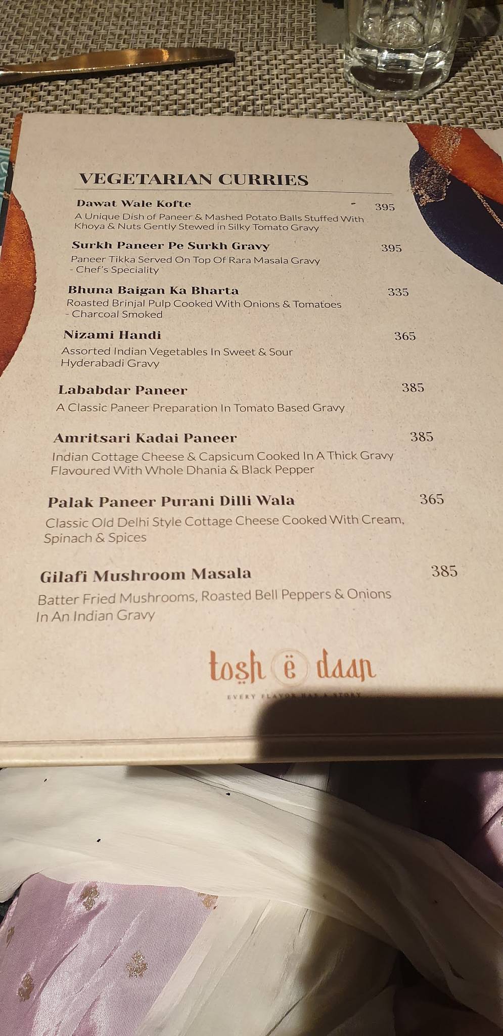 Menu at Tosh-e-daan, Hyderabad