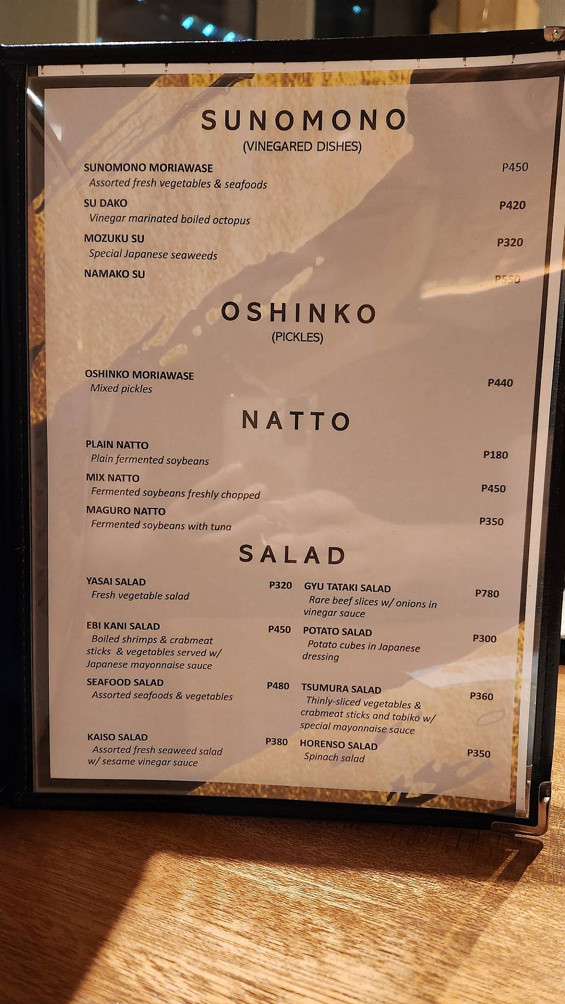 Menu at Tsumura restaurant, Makati