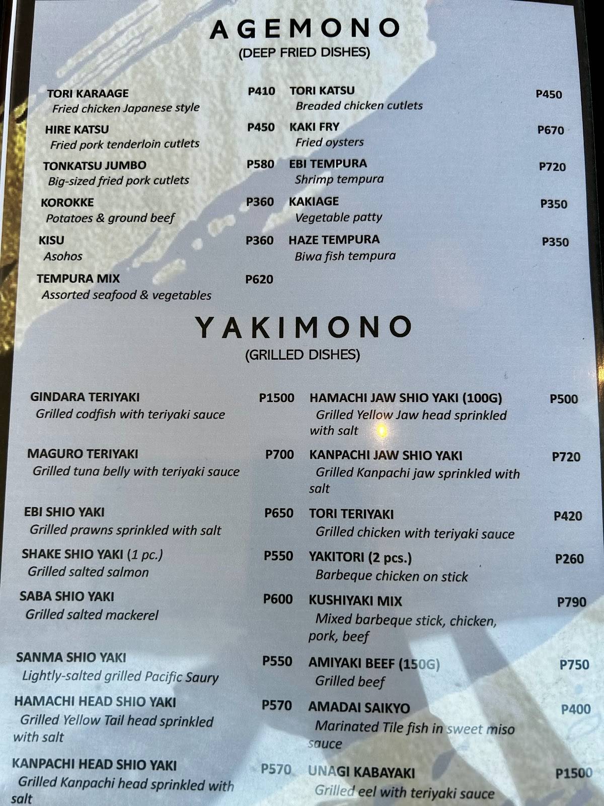 Menu at Tsumura restaurant, Makati