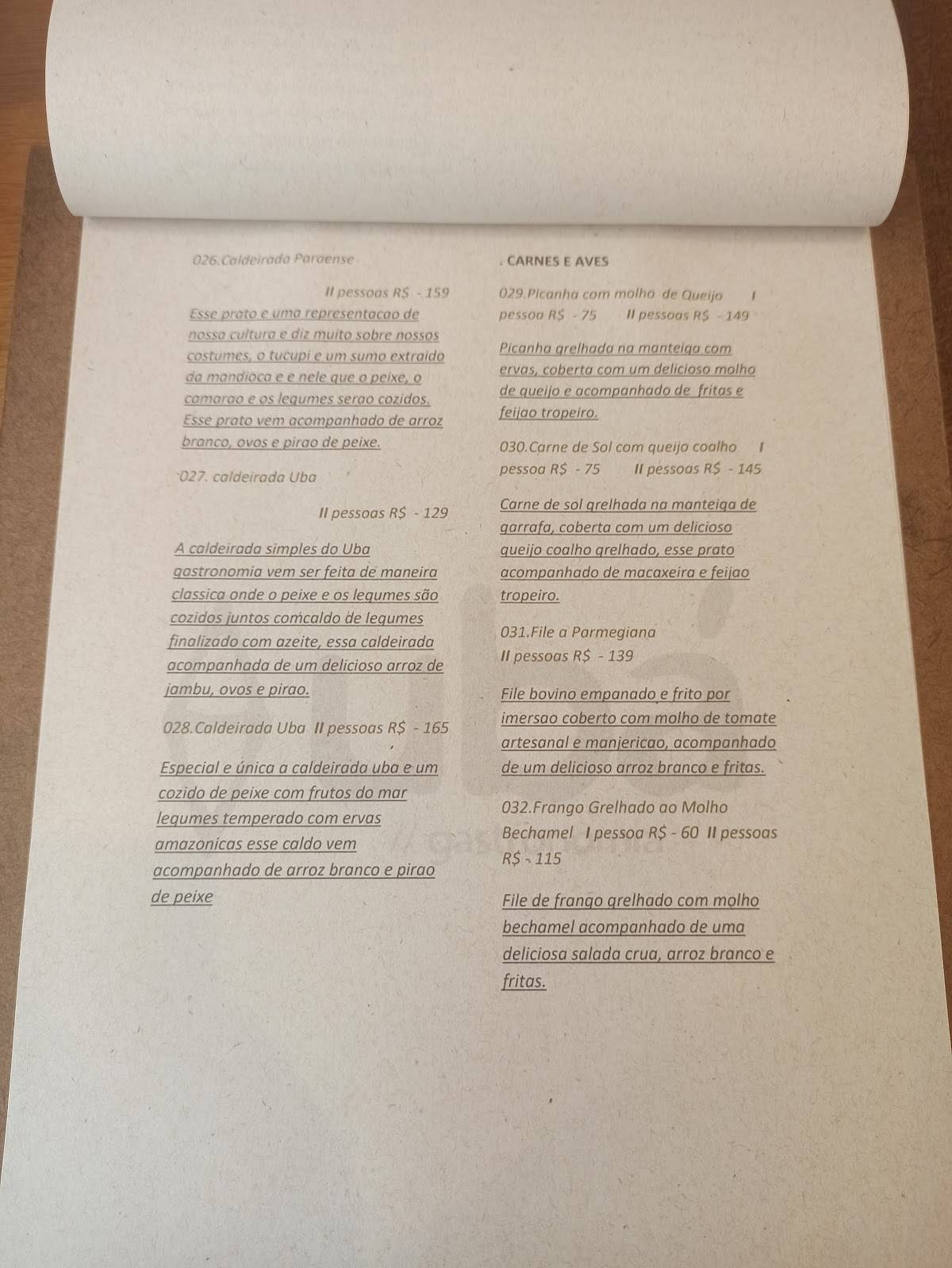 Menu em Ubá gastronômia restaurante, Belém