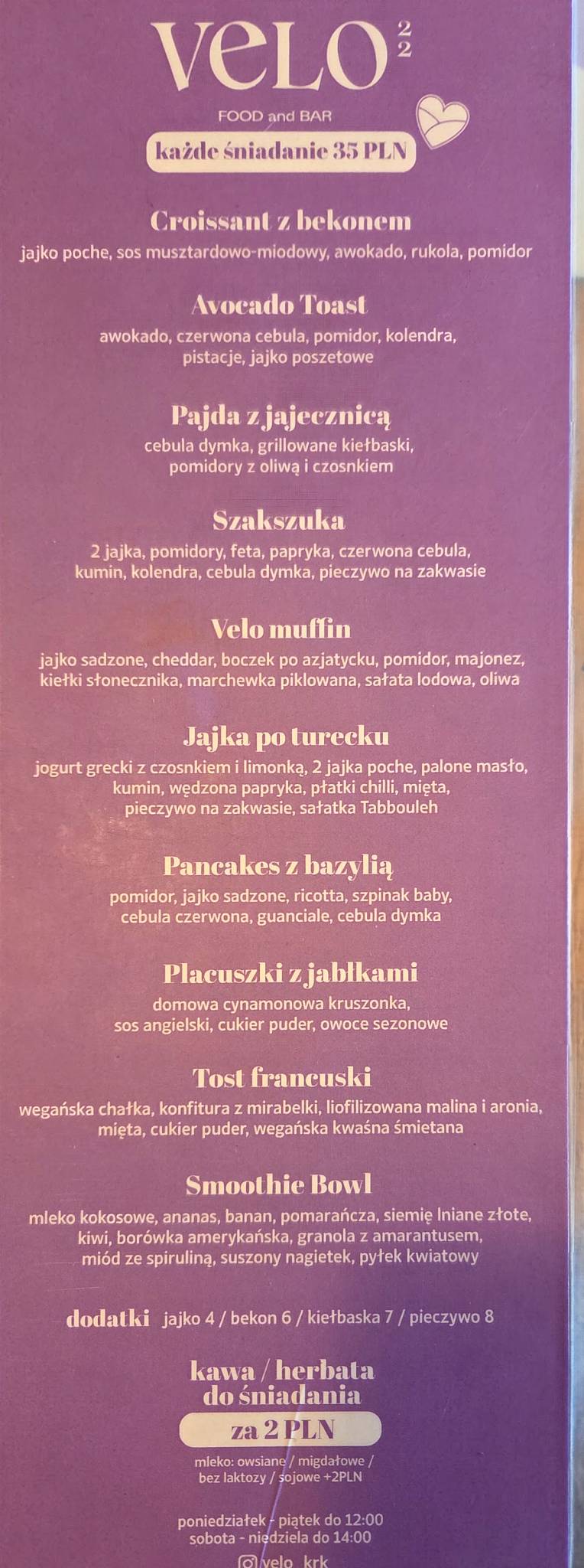 Menu at VELO Food&Bar, Kraków