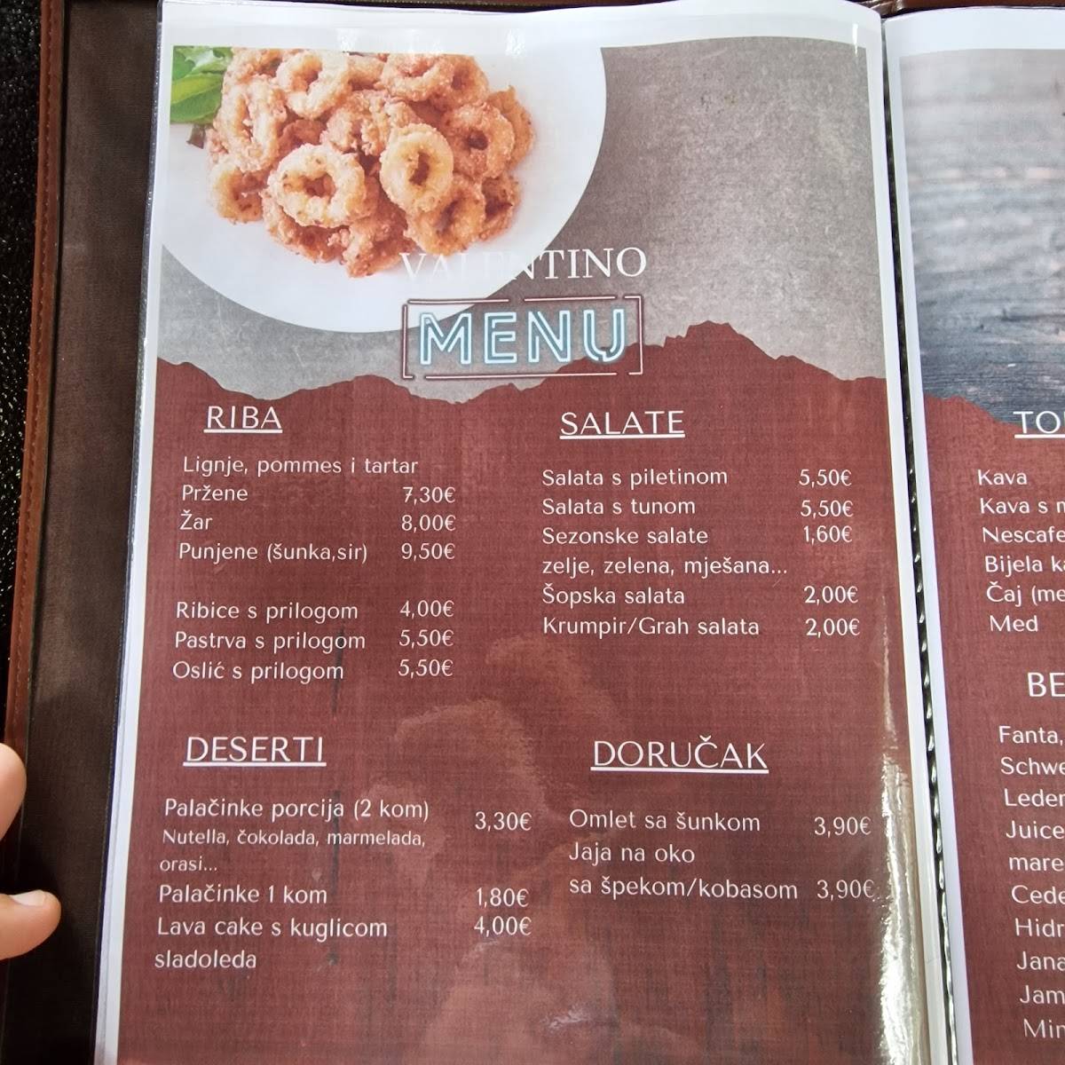 Menu at Valentino restaurant, Zagreb, Vukomerec ul. 16