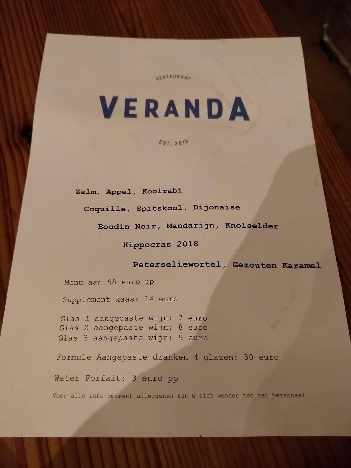 Speisekarte von Restaurant Veranda, Antwerpen, Lange Lobroekstraat 34
