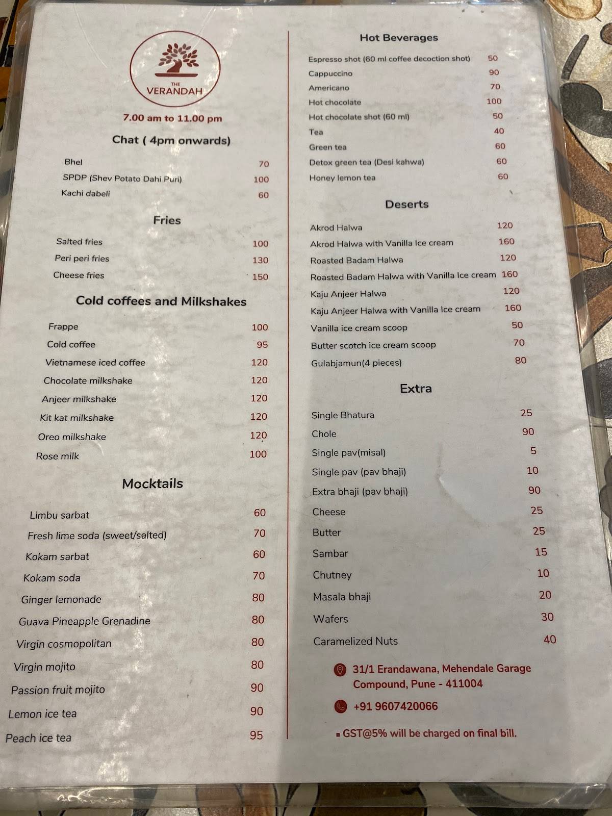Menu at Verandah, Pune