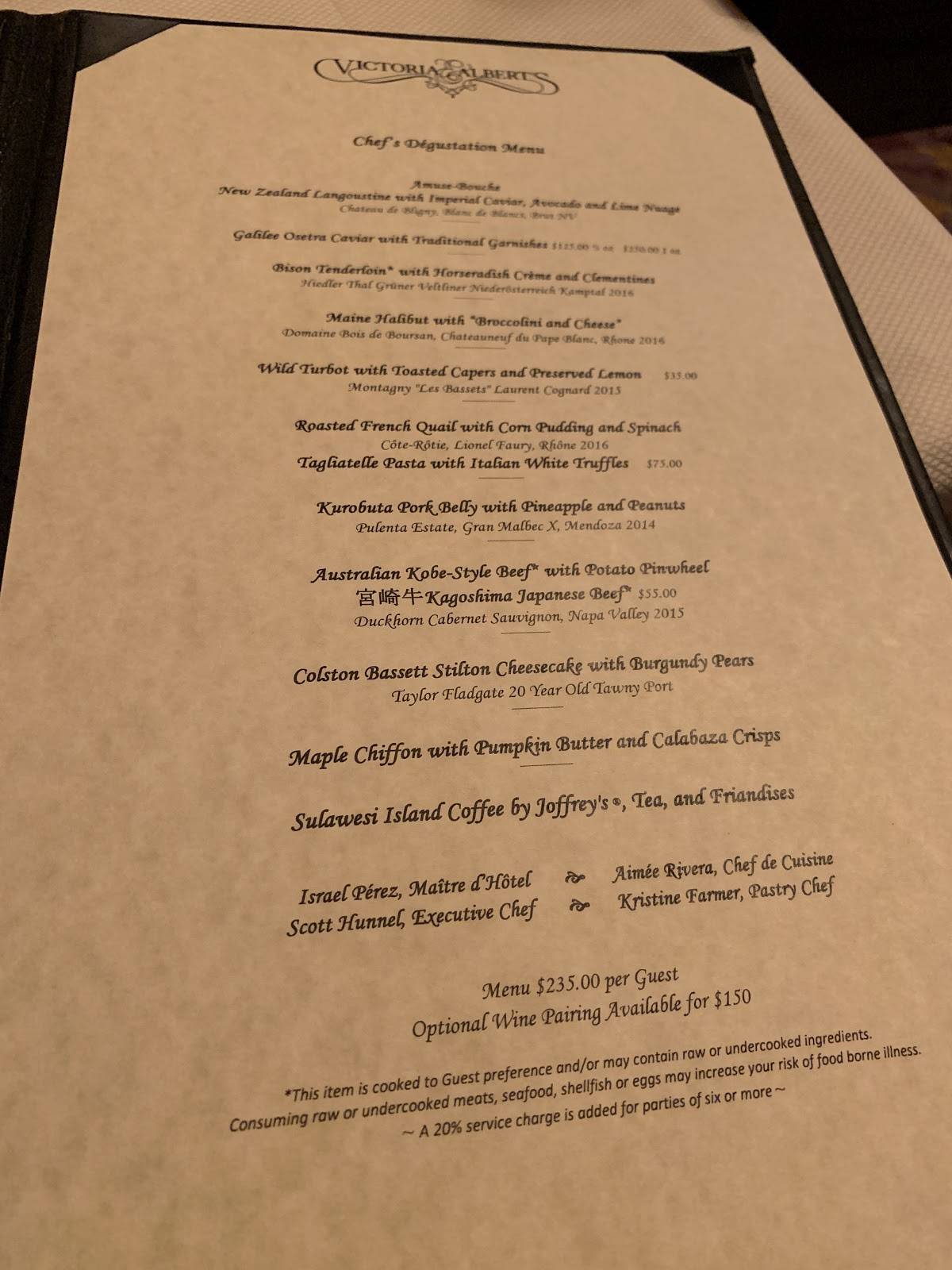 Menu at Victoria & Albert's restaurant, Orlando
