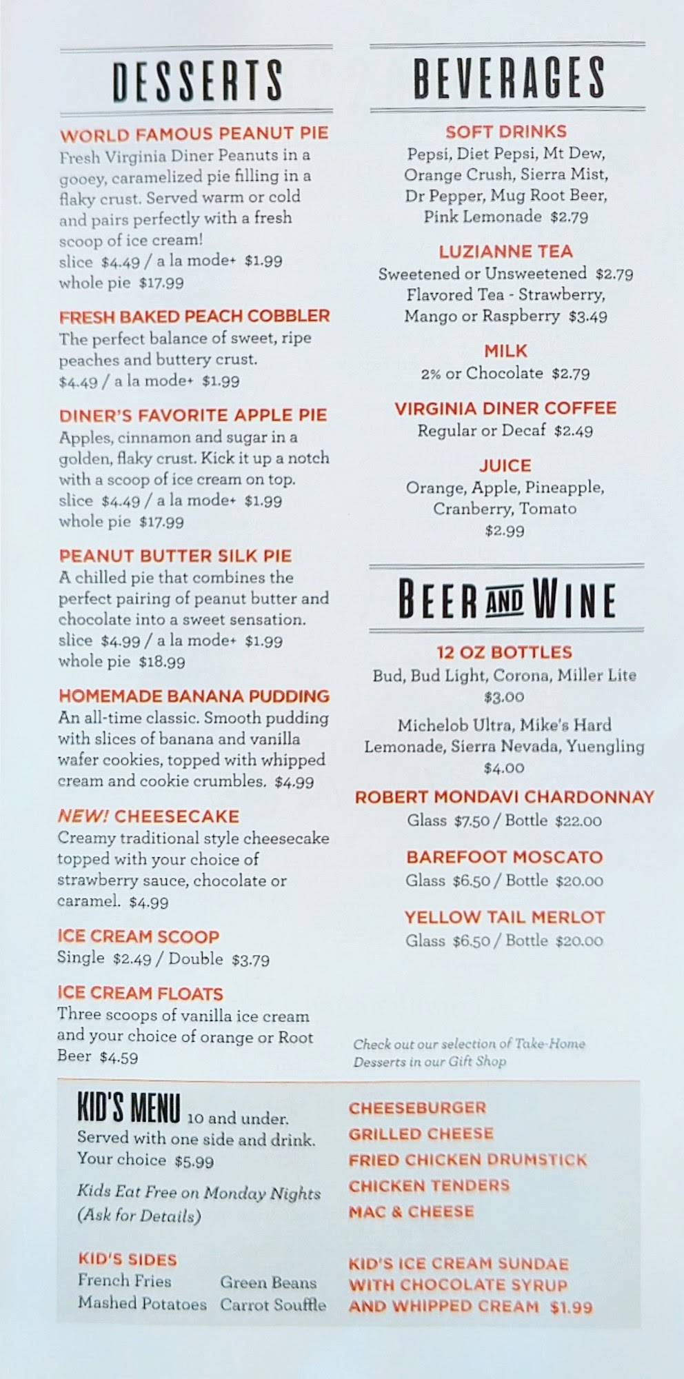 Menu at Virginia Diner restaurant, Wakefield, 408 County Dr