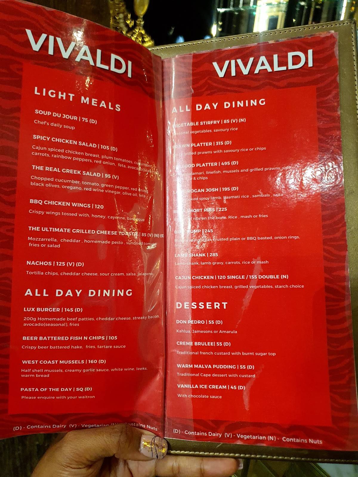 Menu at Vivaldi Restaurant, Cape Town