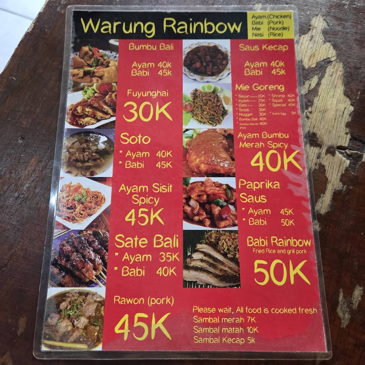 Menu at Warung Stall Rainbow restaurant, Denpasar