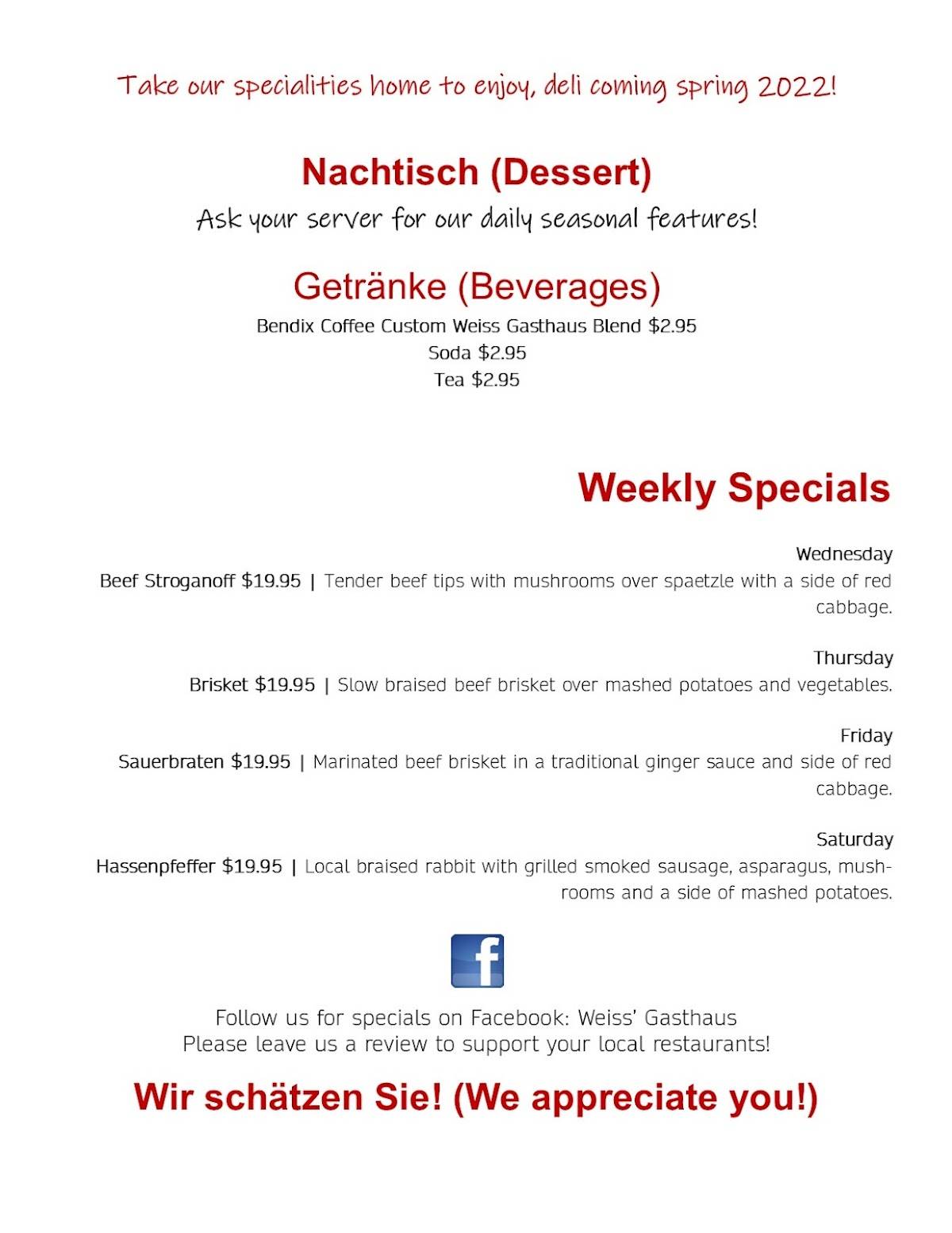 Menu at Weiss' Gasthaus German Restaurant, South Bend