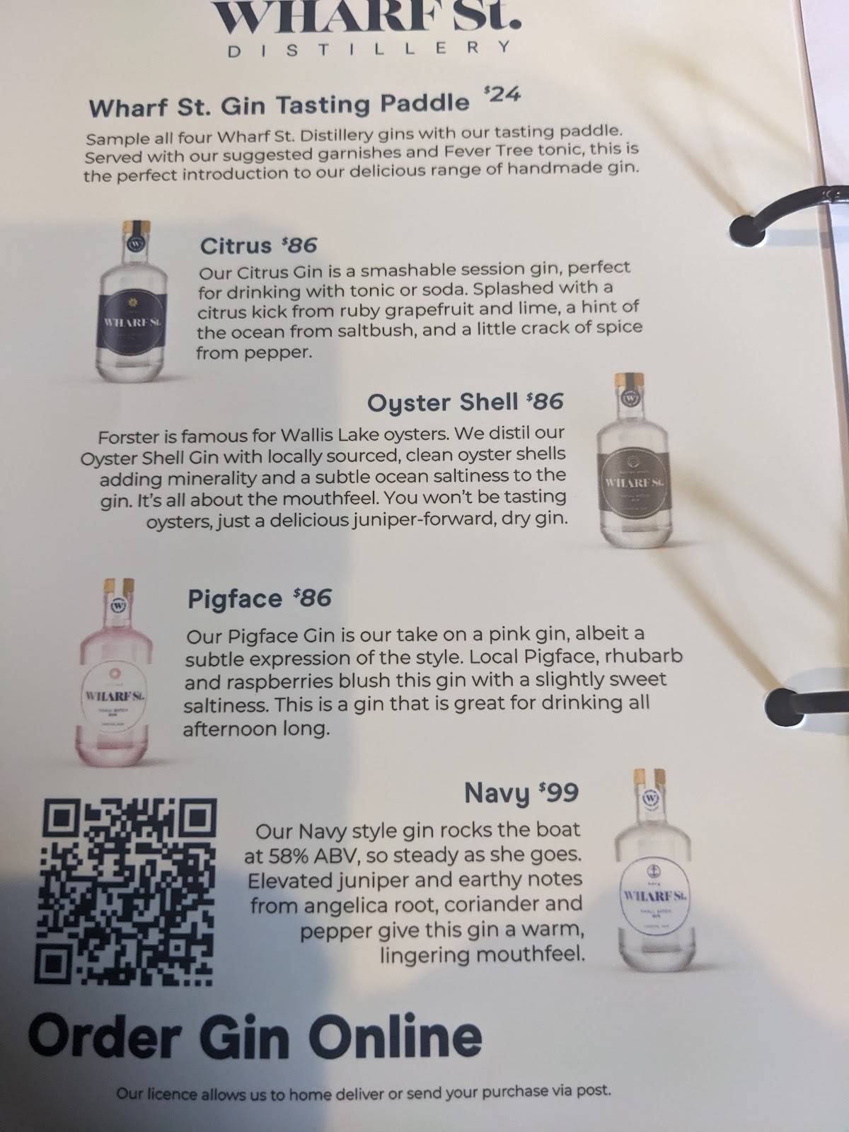 Menu at Wharf St. Distillery Restaurant, Forster