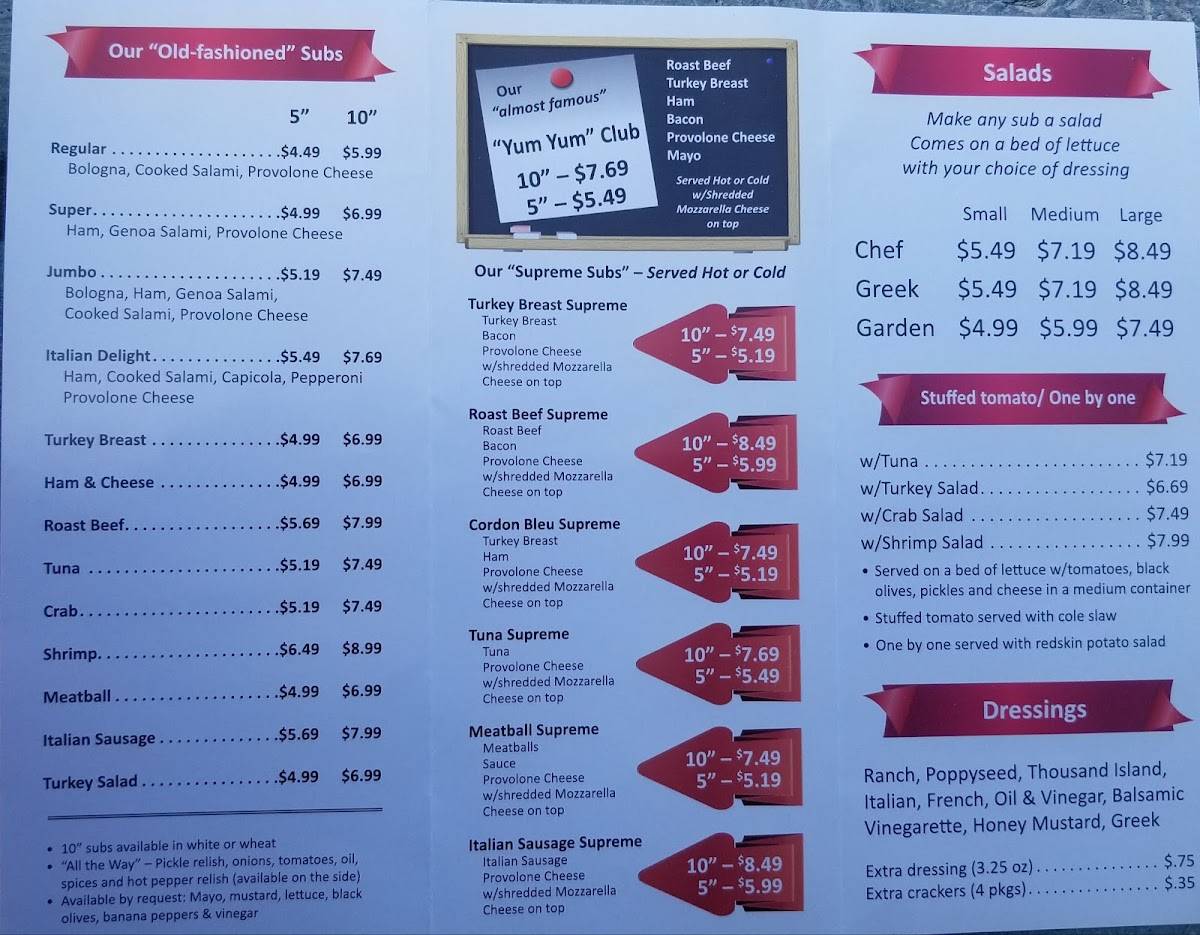 Menu at Williams Sub Shop restaurant, Saint Petersburg