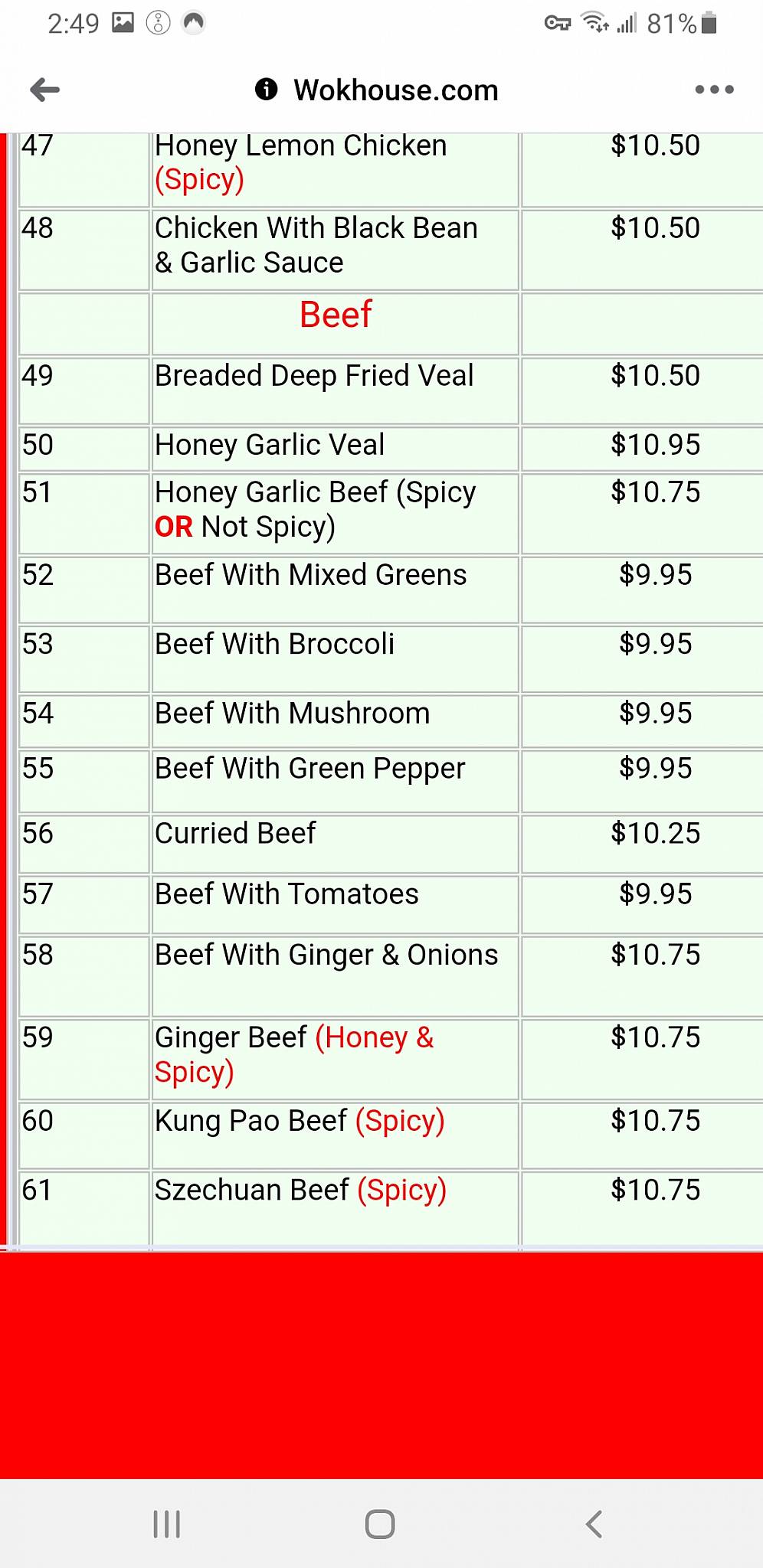 Menu at Wok House Restaurant, Winnipeg, McGregor St