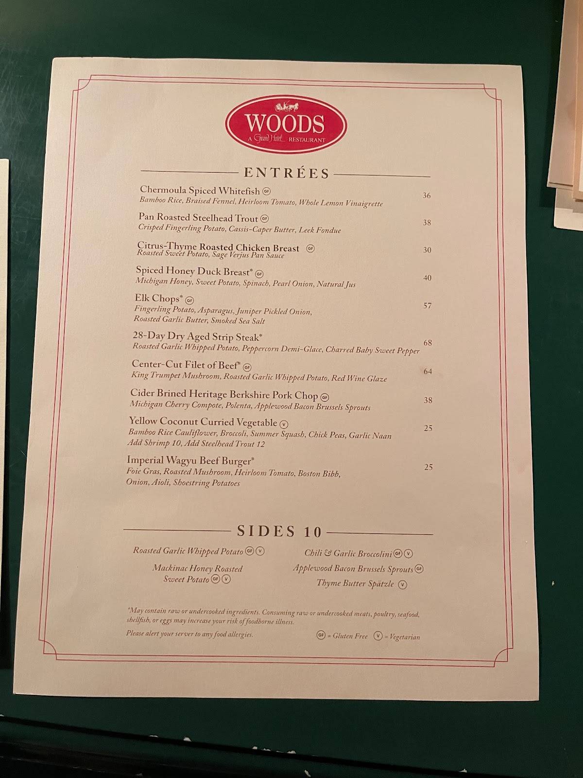 Menu at Woods Restaurant and Bobby's Bar, Mackinac Island