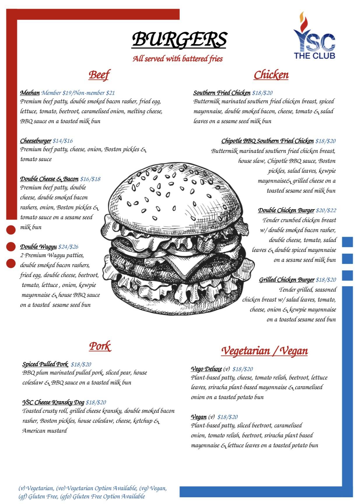 Menu at Yass Soldiers Club, Yass