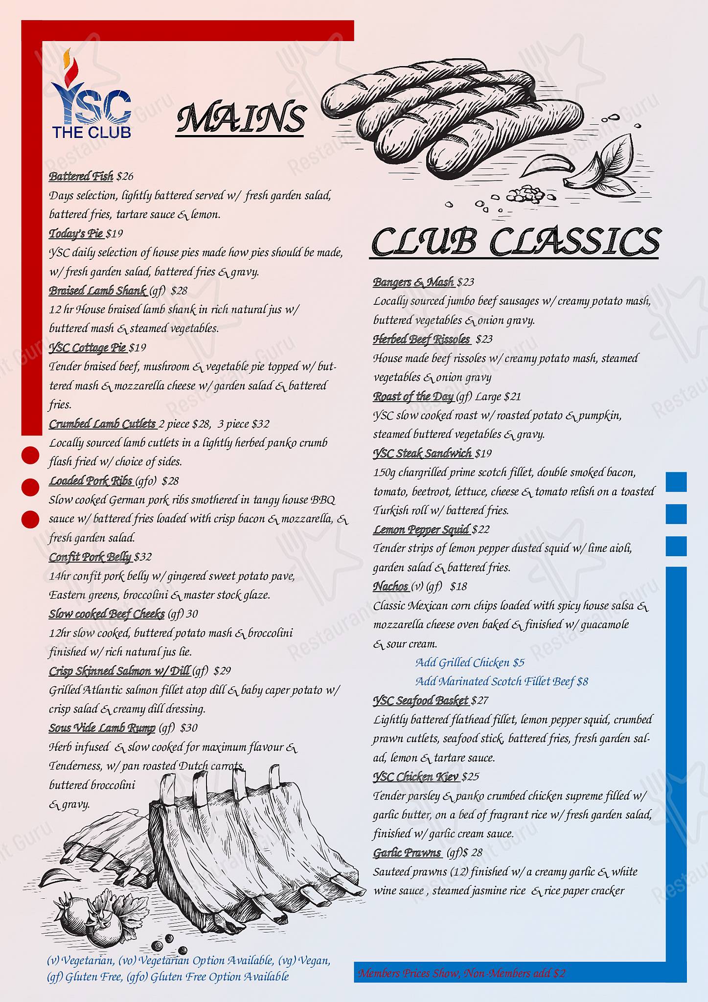 Menu at Yass Soldiers Club, Yass