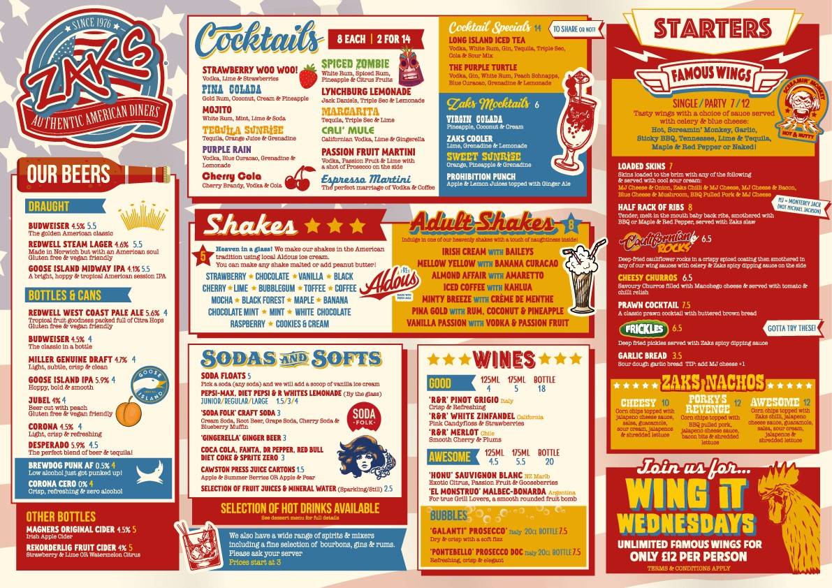 Menu at Zaks Mousehold Diner restaurant, Norwich