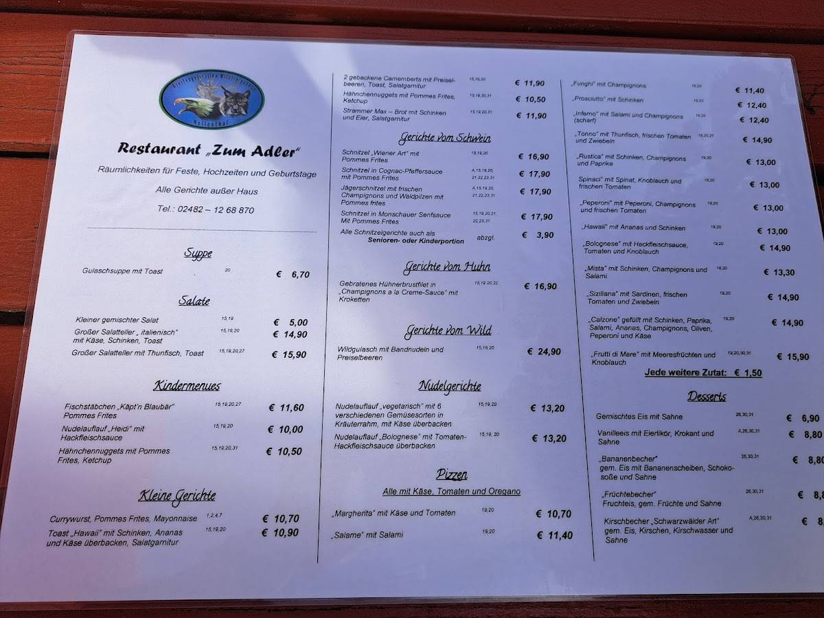 Menu at Restaurant „Zum Adler“, Hellenthal
