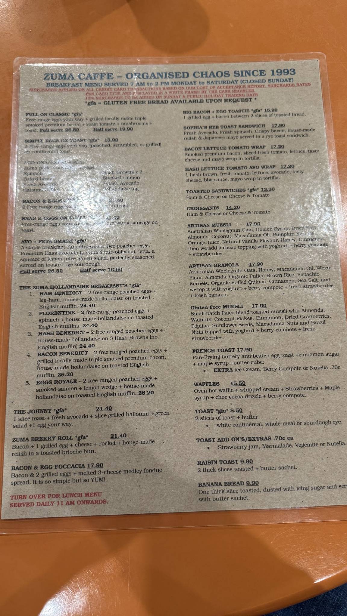 Menu at Zuma Caffe restaurant, Adelaide