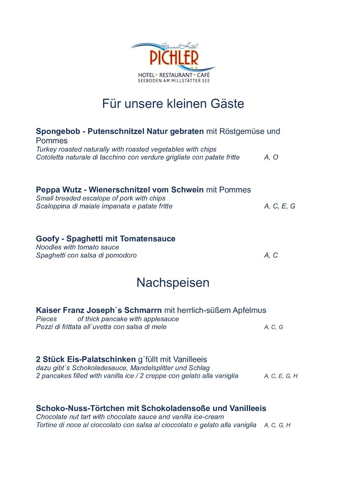 Speisekarte von Restaurant & Strandhotel Pichler, Seeboden