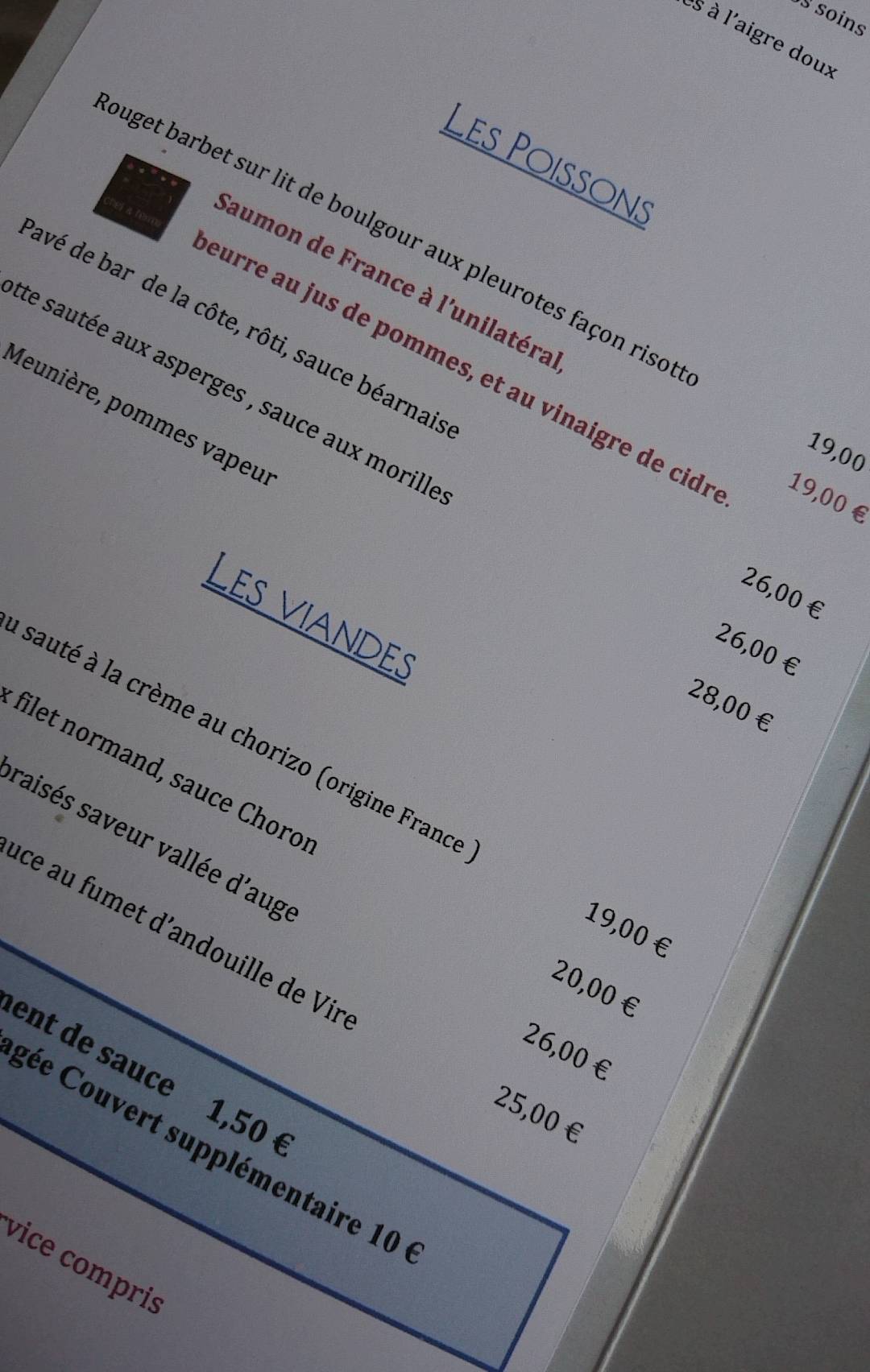 Menu au Restaurant de la mer, Pirou