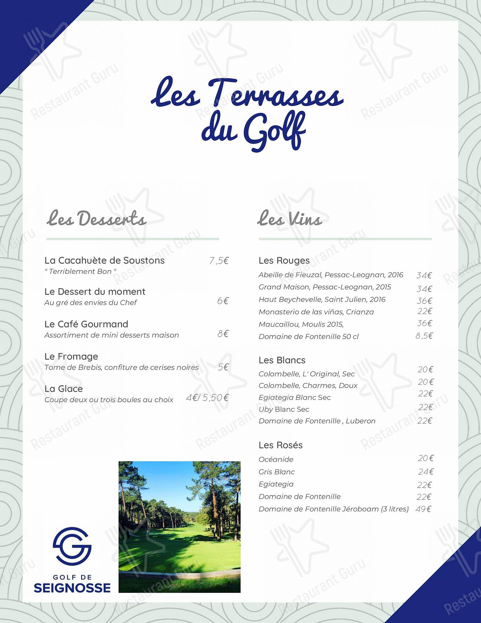 Menu au Restaurant du Golf, Seignosse