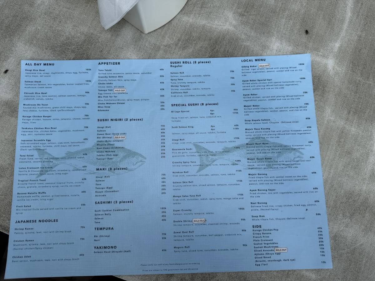 Menu at el lago restaurant, Central Batur