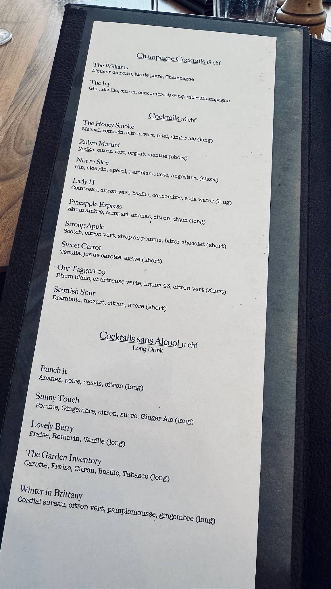 Menu at ivy 23, Geneva