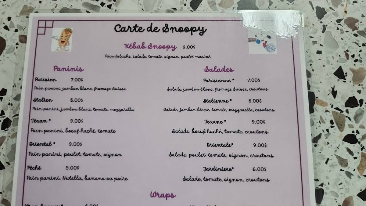 Menu au Restaurant le nouveau snoopy, Beauceville