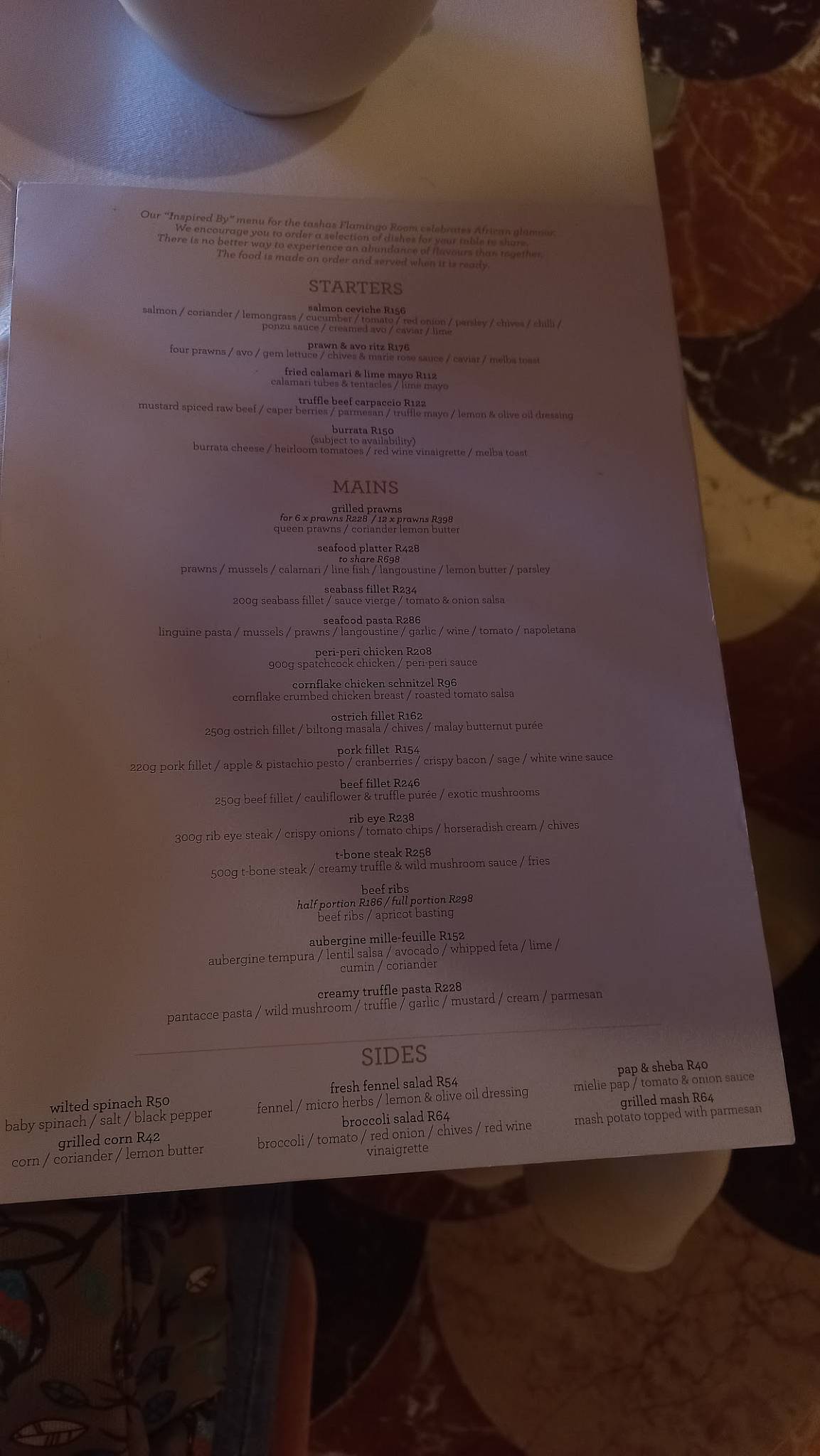 Menu at tashas Nelson Mandela Square restaurant, Johannesburg