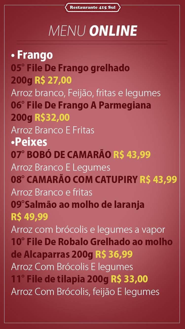 Menu at Restaurante 415 Sul, Brasília