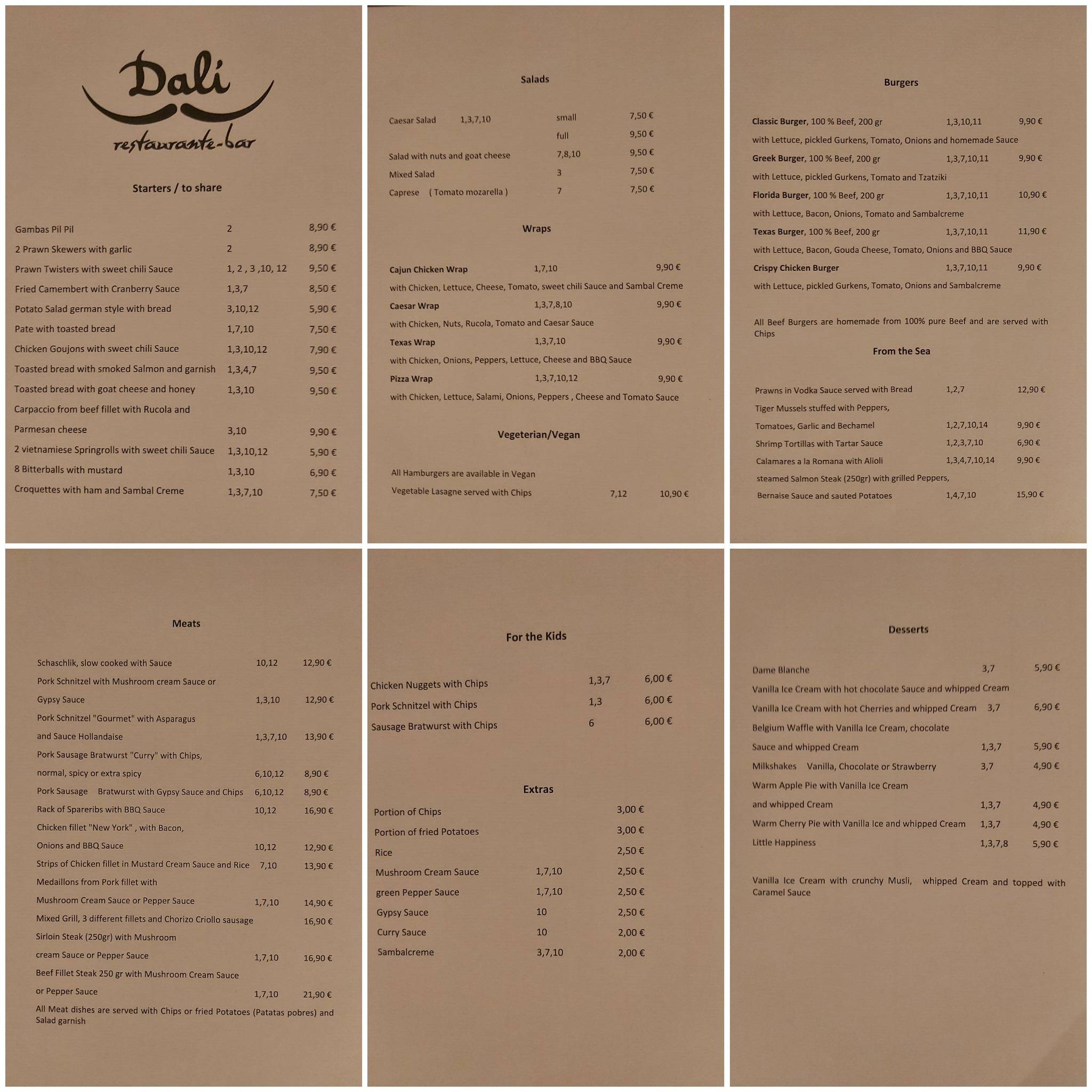 Carta de Dalí Restaurante, Alhaurín el Grande