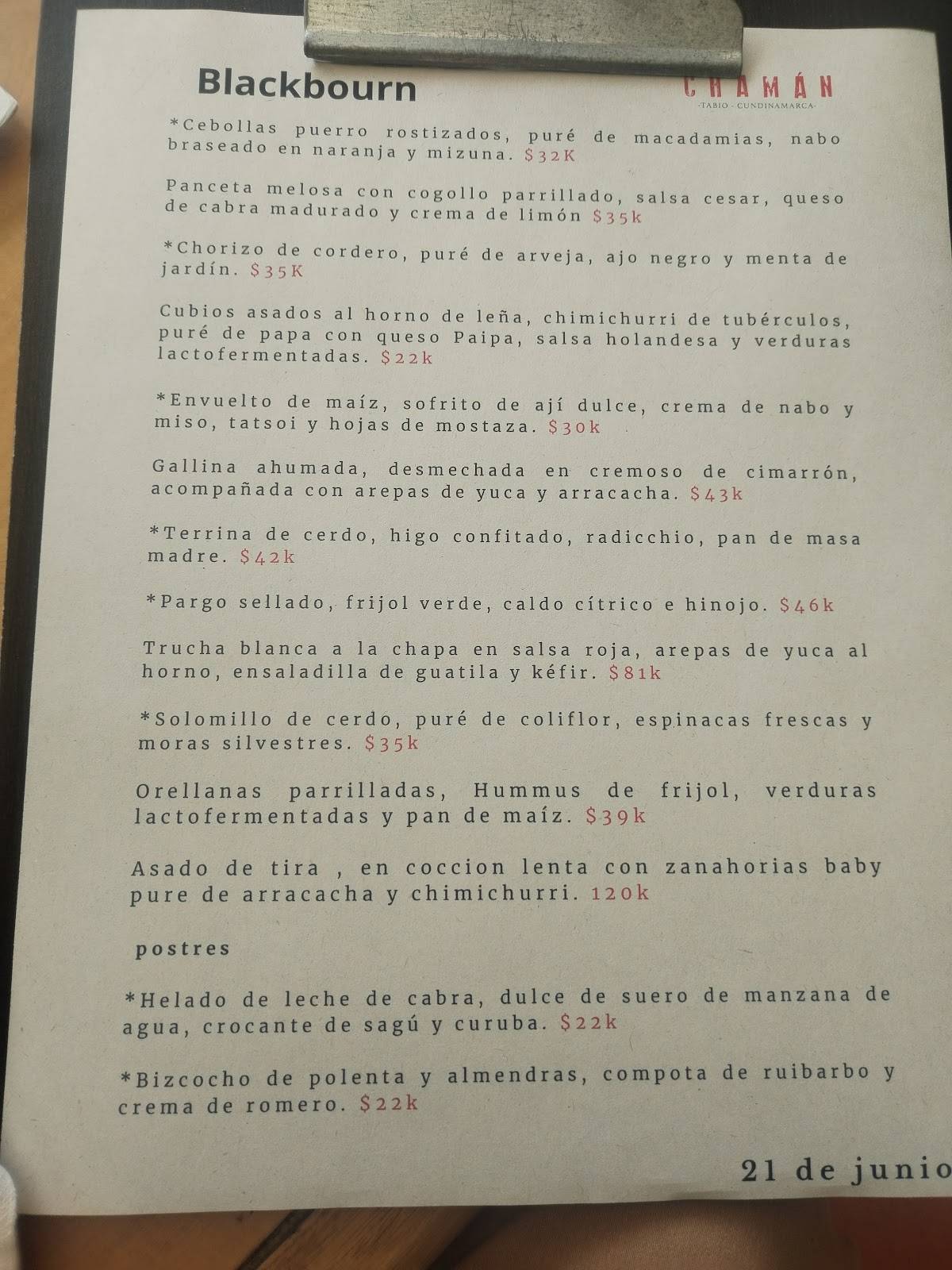 Carta de Restaurante Chamán., Tabio