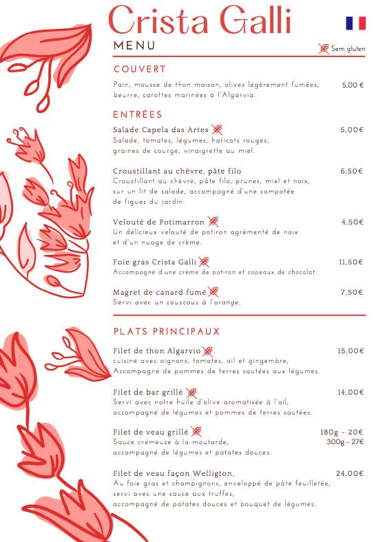 Menu em Restaurante Crista Galli, Alcantarilha, Hotel Capela das Artes