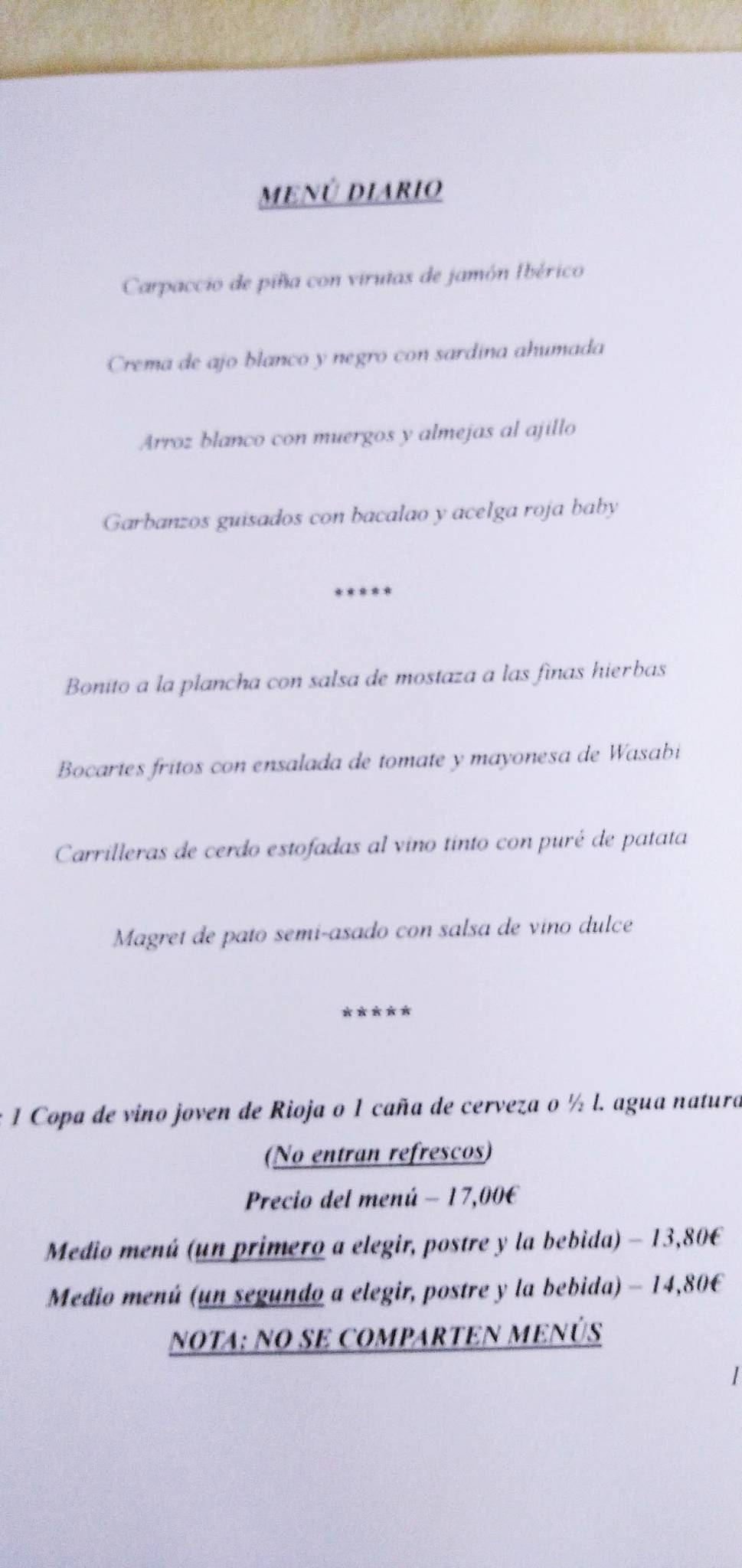 Carta del restaurante El Ojo Del Ábrego, Liérganes